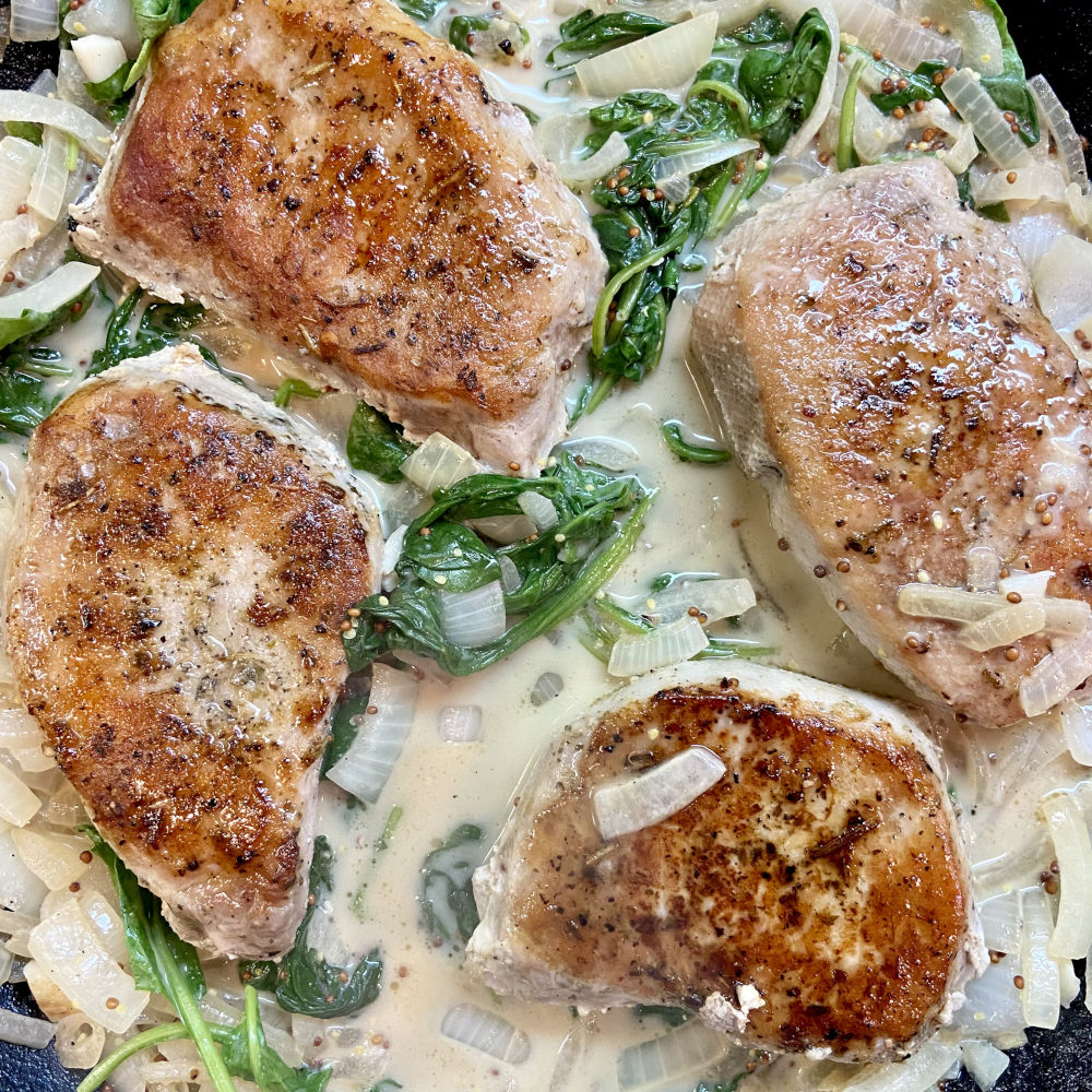 Pan Seared Pork Chops with Creamy Garlic Mustard Sauce - Dinner at the ...